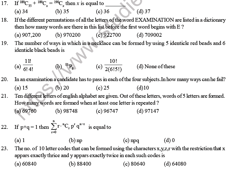 JEE Mathematics Permutation and Combination MCQs Set B, Multiple Choice Questions